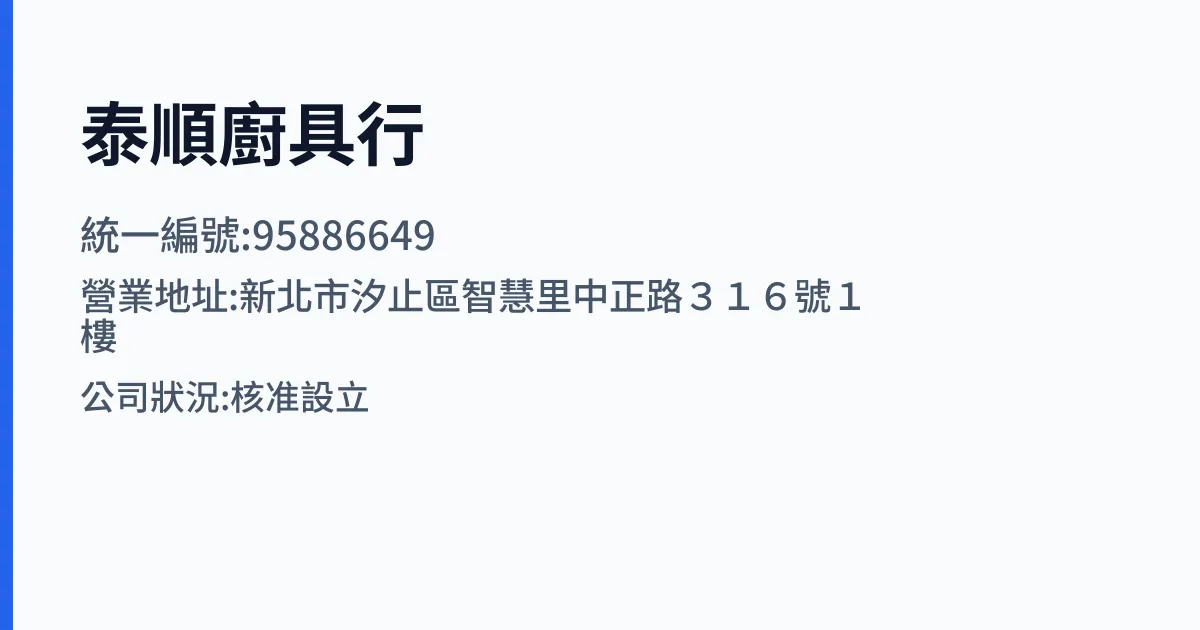 泰順廚具行 - 統編 95886649(新北市) 公司登記資料與營業項目詳細圖表