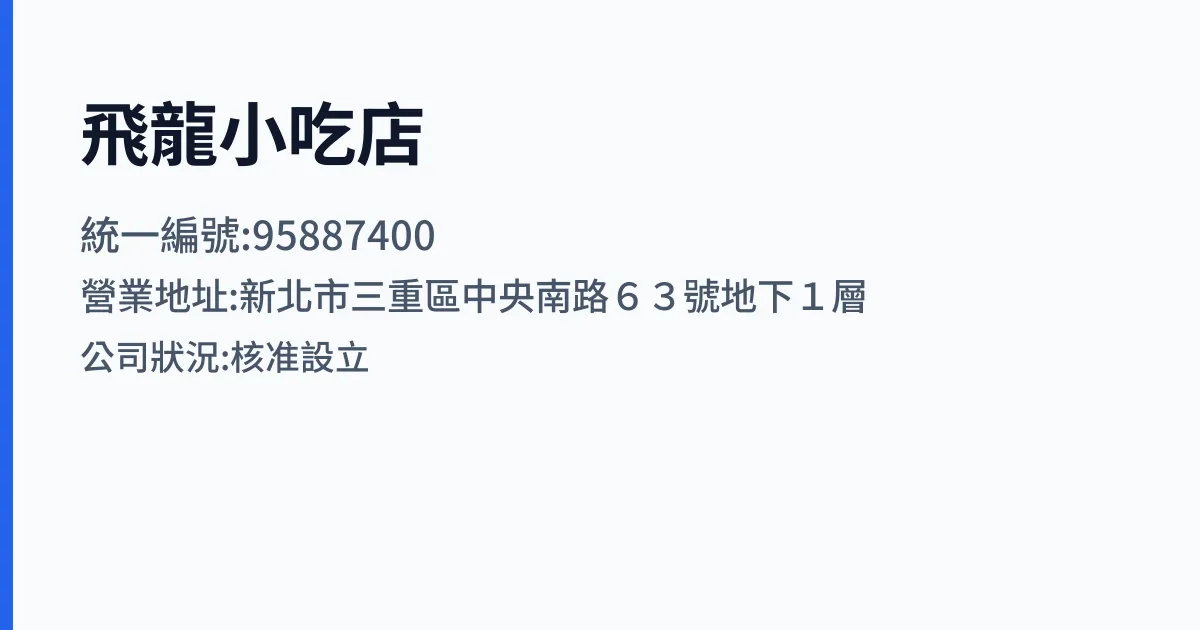 飛龍小吃店 - 統編 95887400(新北市) 公司登記資料與營業項目詳細圖表