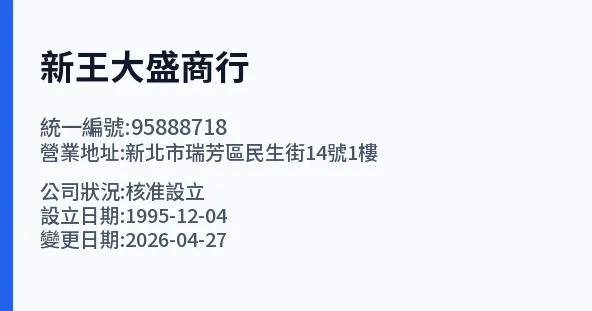 新王大盛商行的照片-統編 95888718(新北市) 公司登記資料與營業項目詳細圖表