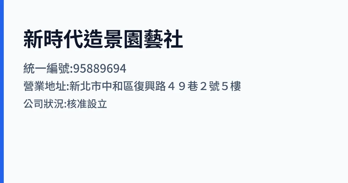 新時代造景園藝社 - 統編 95889694（新北市） 公司登記資料與營業項目詳細圖表