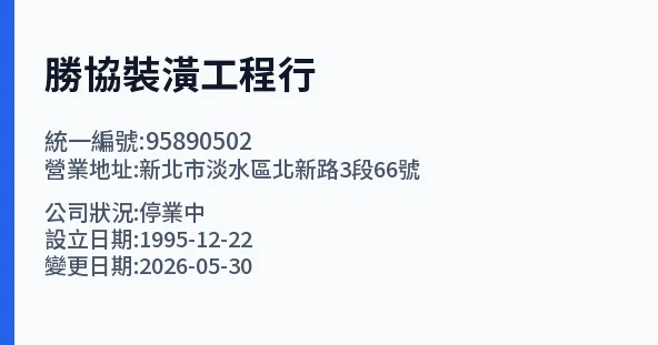勝協裝潢工程行的照片-統編 95890502(新北市) 公司登記資料與營業項目詳細圖表