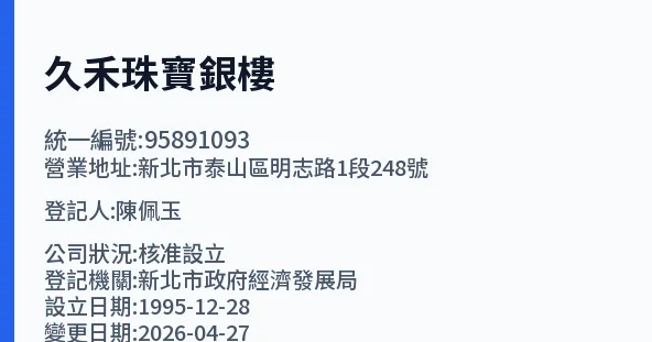 久禾珠寶銀樓的照片-統編 95891093(新北市) 公司登記資料與營業項目詳細圖表