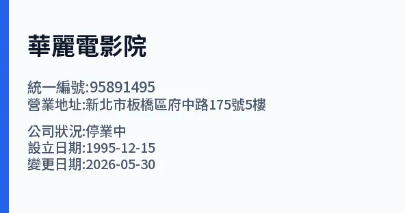 華麗電影院的照片-統編 95891495(新北市) 公司登記資料與營業項目詳細圖表
