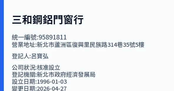 三和鋼鋁門窗行的照片-統編 95891811(新北市) 公司登記資料與營業項目詳細圖表