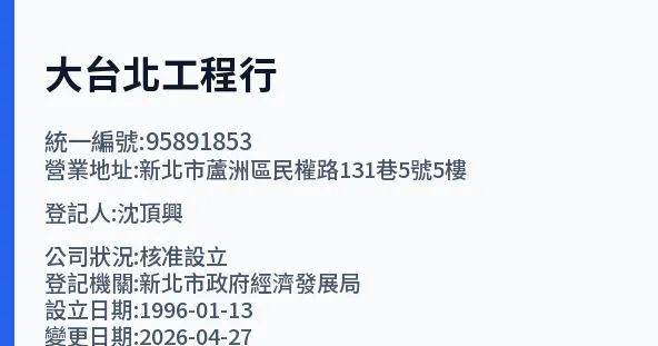 大台北工程行的照片-統編 95891853(新北市) 公司登記資料與營業項目詳細圖表