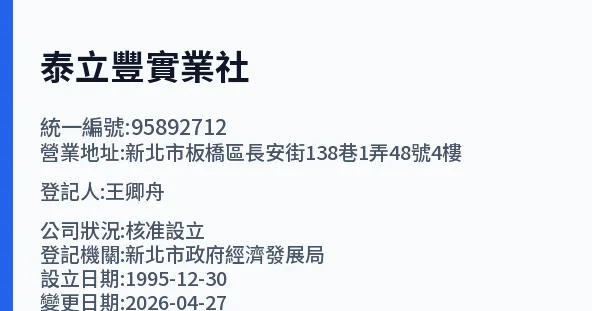 泰立豐實業社的照片-統編 95892712(新北市) 公司登記資料與營業項目詳細圖表