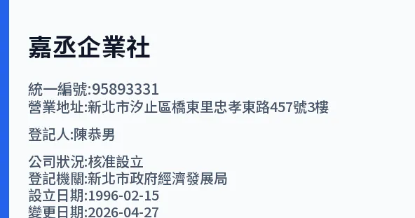 嘉丞企業社的照片-統編 95893331(新北市) 公司登記資料與營業項目詳細圖表