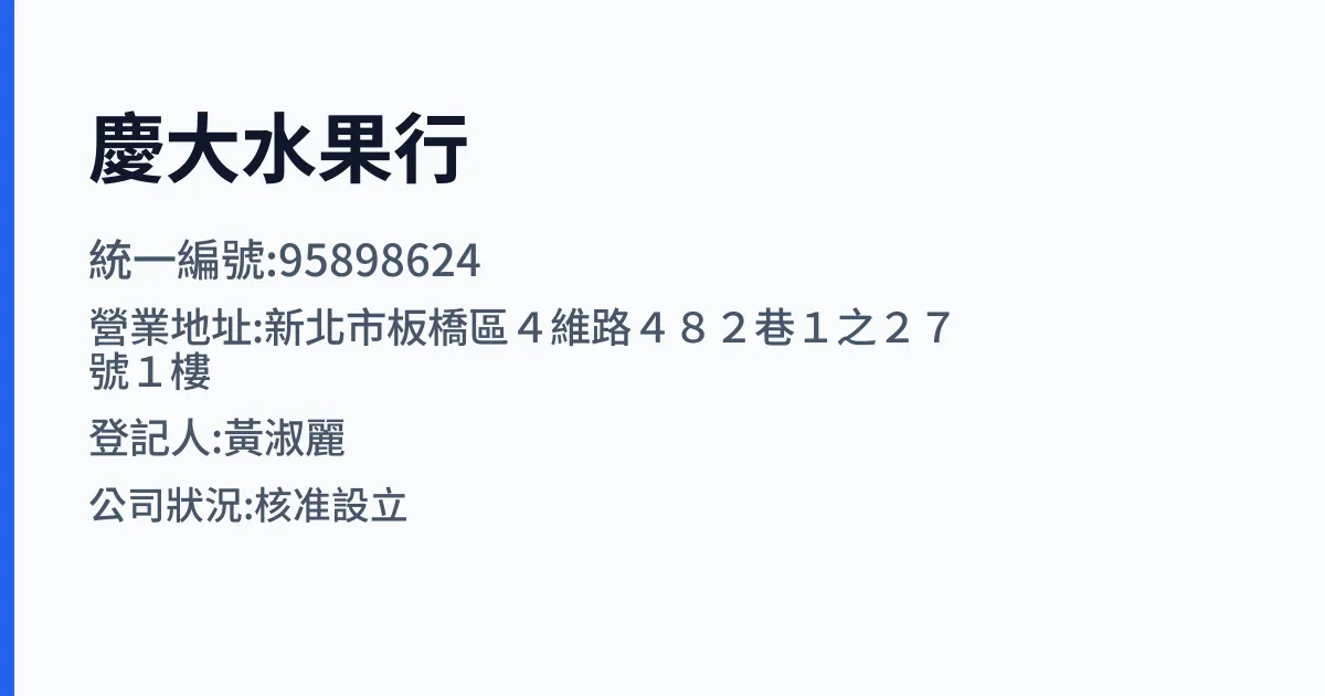 慶大水果行 - 統編 95898624(新北市) 公司登記資料與營業項目詳細圖表