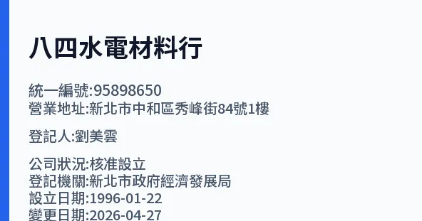 八四水電材料行的照片-統編 95898650(新北市) 公司登記資料與營業項目詳細圖表