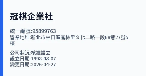 冠棋企業社的照片-統編 95899763(新北市) 公司登記資料與營業項目詳細圖表