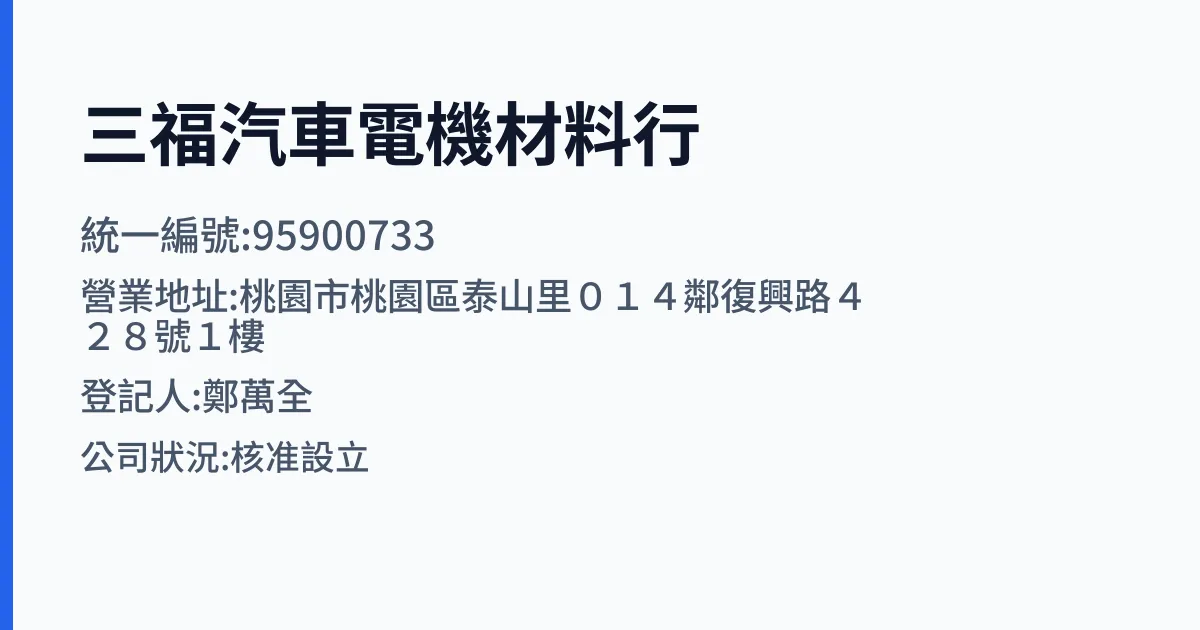 三福汽車電機材料行 - 統編 95900733(桃園市) 公司登記資料與營業項目詳細圖表