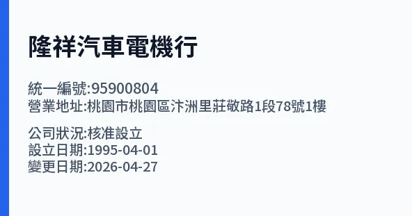隆祥汽車電機行的照片-統編 95900804(桃園市) 公司登記資料與營業項目詳細圖表