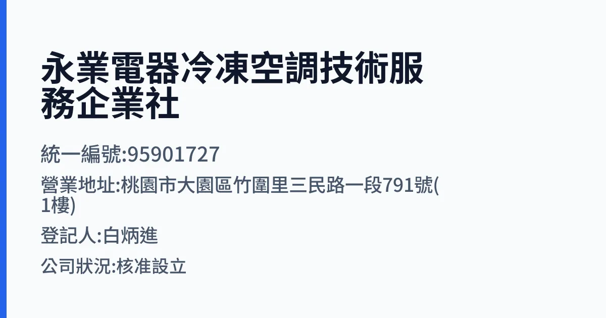 永業電器冷凍空調技術服務企業社 - 統編 95901727(桃園市) 公司登記資料與營業項目詳細圖表