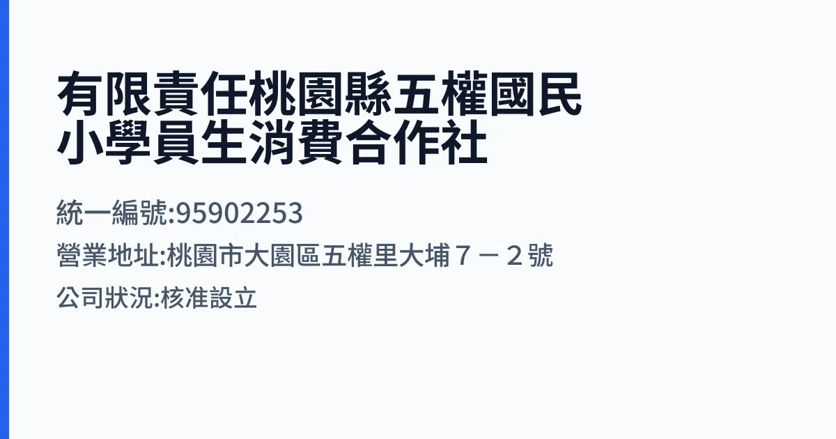 有限責任桃園縣五權國民小學員生消費合作社 - 統編 95902253(桃園市) 公司登記資料與營業項目詳細圖表