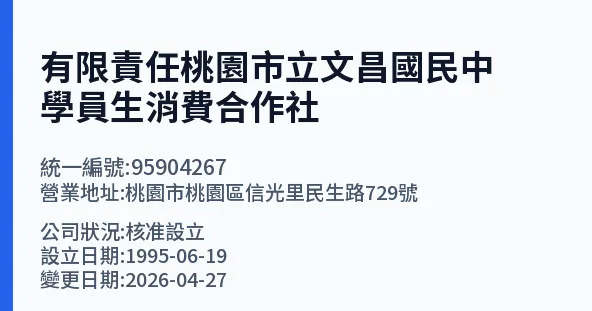 有限責任桃園市立文昌國民中學員生消費合作社的照片-統編 95904267(桃園市) 公司登記資料與營業項目詳細圖表