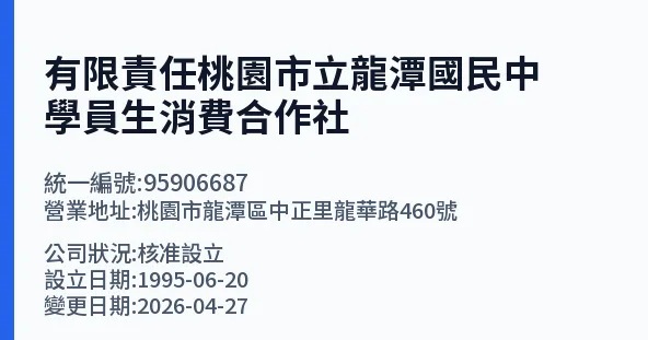 有限責任桃園市立龍潭國民中學員生消費合作社的照片-統編 95906687(桃園市) 公司登記資料與營業項目詳細圖表