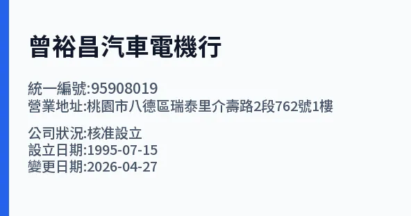 曾裕昌汽車電機行的照片-統編 95908019(桃園市) 公司登記資料與營業項目詳細圖表