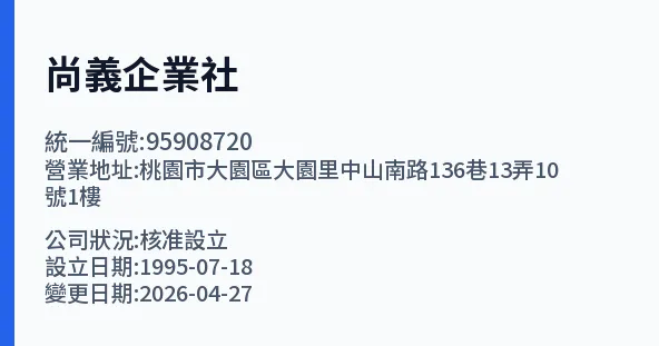 尚義企業社的照片-統編 95908720(桃園市) 公司登記資料與營業項目詳細圖表