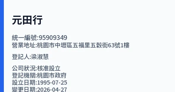 元田行的照片-統編 95909349(桃園市) 公司登記資料與營業項目詳細圖表