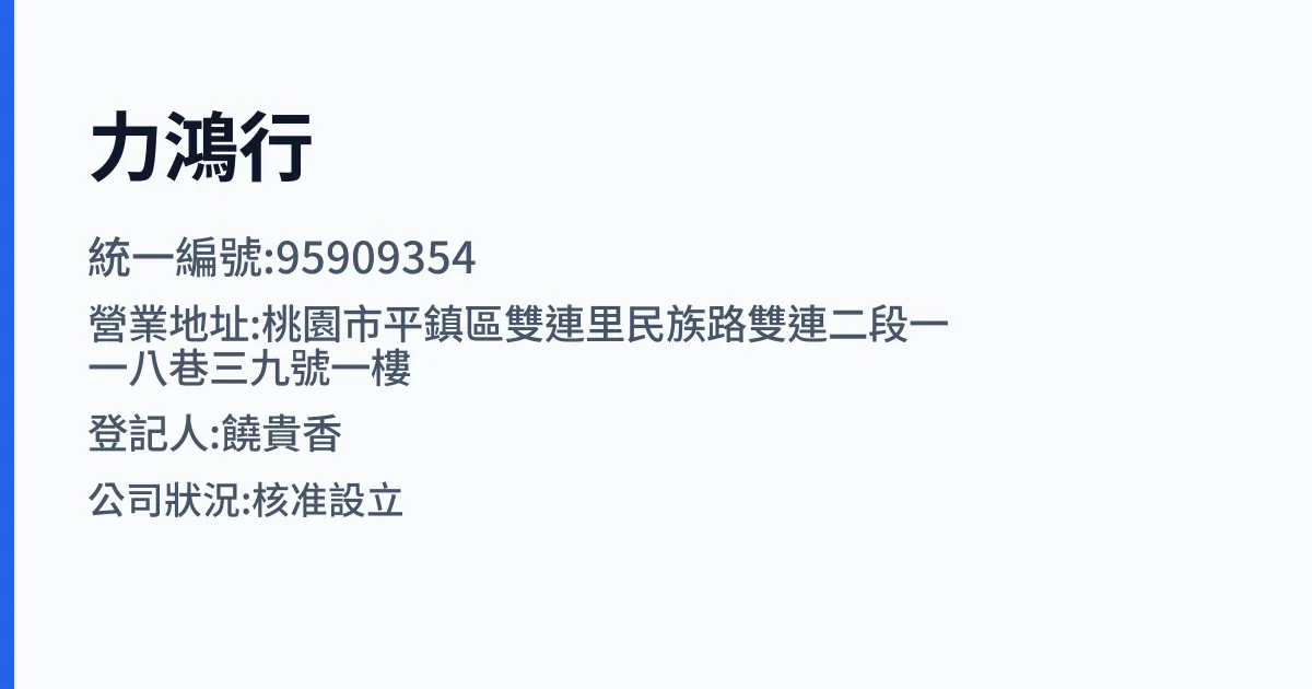 力鴻行 - 統編 95909354(桃園市) 公司登記資料與營業項目詳細圖表