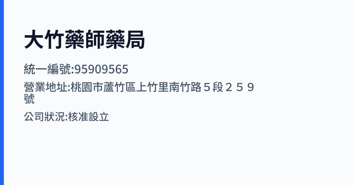 大竹藥師藥局 - 統編 95909565(桃園市) 公司登記資料與營業項目詳細圖表