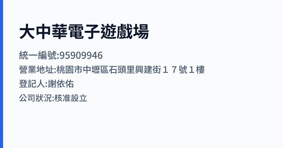 大中華電子遊戲場 - 統編 95909946(桃園市) 公司登記資料與營業項目詳細圖表