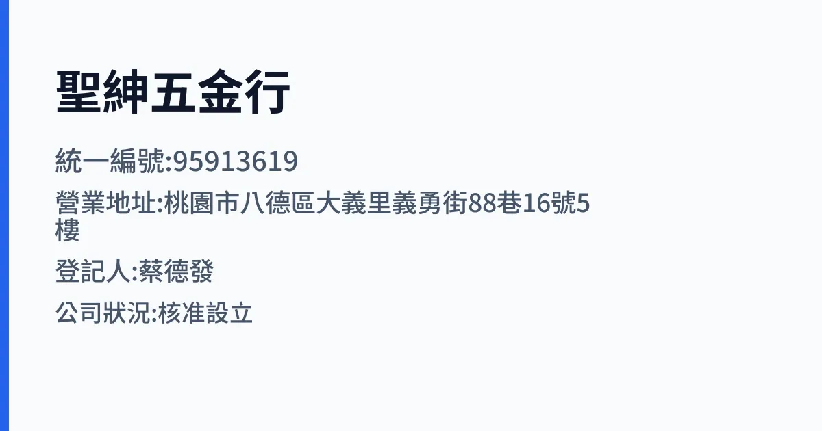 聖紳五金行 - 統編 95913619(桃園市) 公司登記資料與營業項目詳細圖表