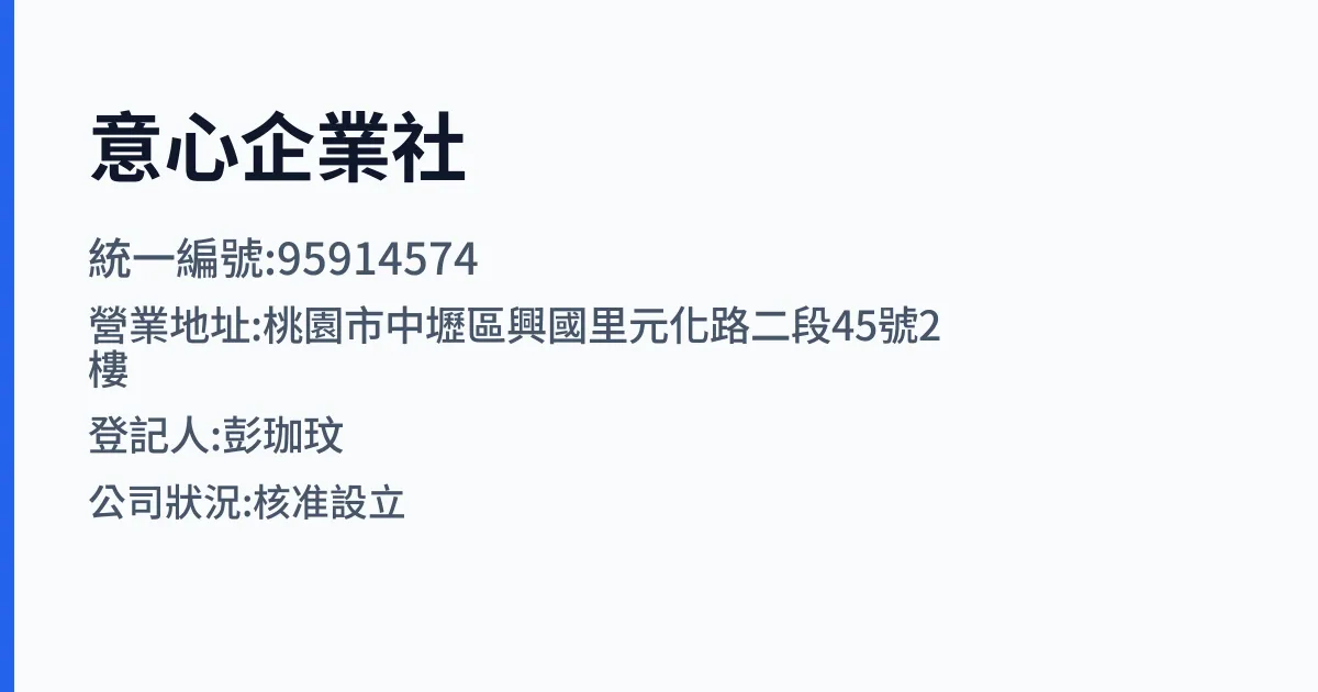 意心企業社 - 統編 95914574(桃園市) 公司登記資料與營業項目詳細圖表