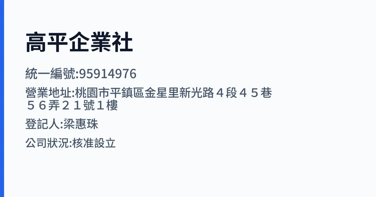 高平企業社 - 統編 95914976(桃園市) 公司登記資料與營業項目詳細圖表