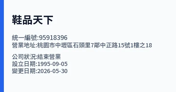鞋品天下的照片-統編 95918396(桃園市) 公司登記資料與營業項目詳細圖表