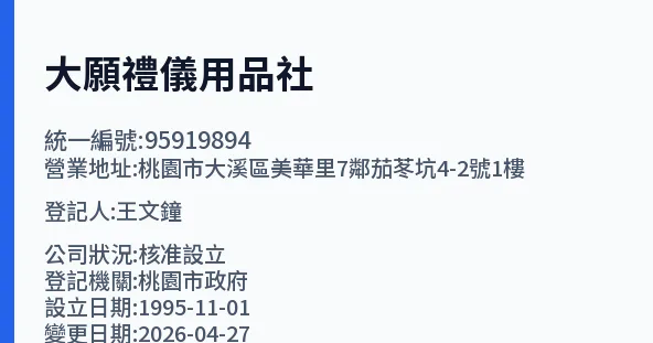 大願禮儀用品社的照片-統編 95919894(桃園市) 公司登記資料與營業項目詳細圖表