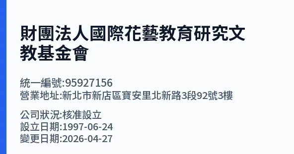 財團法人國際花藝教育研究文教基金會的照片-統編 95927156(新北市) 公司登記資料與營業項目詳細圖表