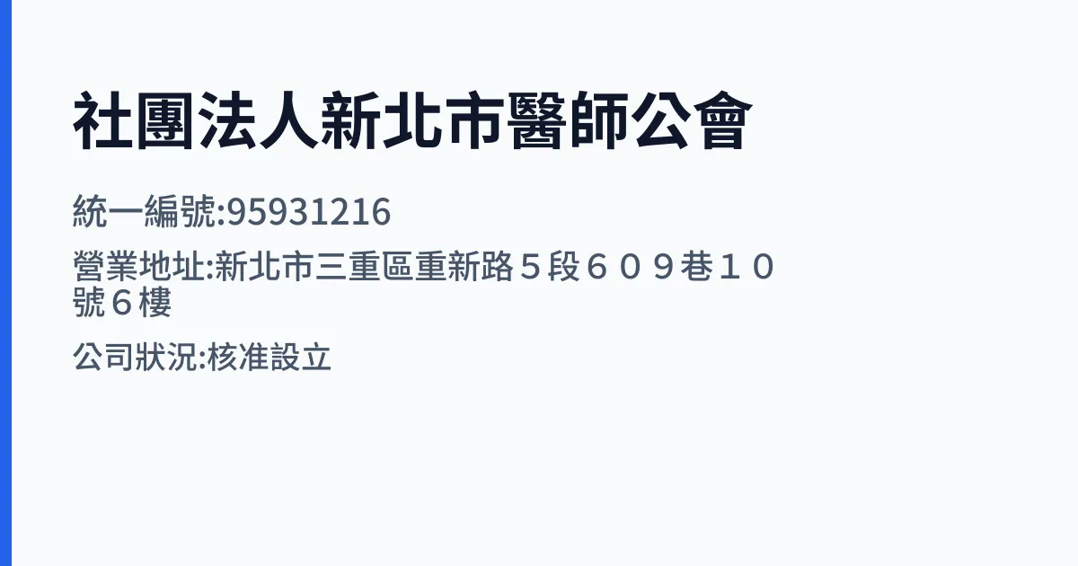 社團法人新北市醫師公會 - 統編 95931216(新北市) 公司登記資料與營業項目詳細圖表