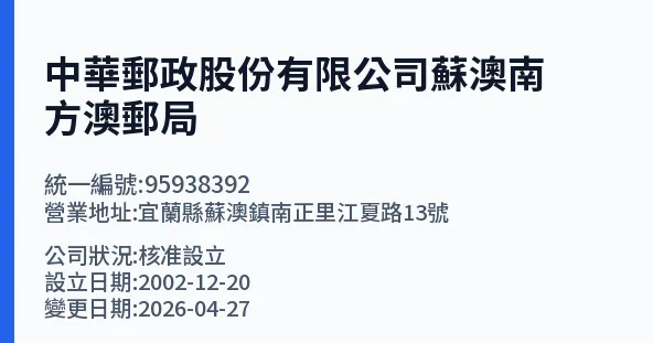 中華郵政股份有限公司蘇澳南方澳郵局的照片-統編 95938392(宜蘭縣) 公司登記資料與營業項目詳細圖表