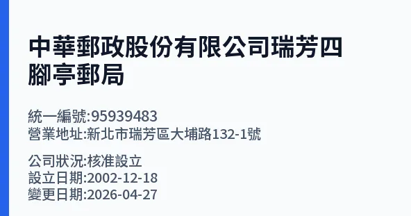 中華郵政股份有限公司瑞芳四腳亭郵局的照片-統編 95939483(新北市) 公司登記資料與營業項目詳細圖表