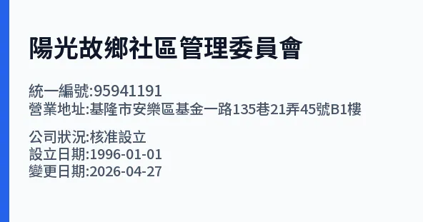 陽光故鄉社區管理委員會的照片-統編 95941191(基隆市) 公司登記資料與營業項目詳細圖表