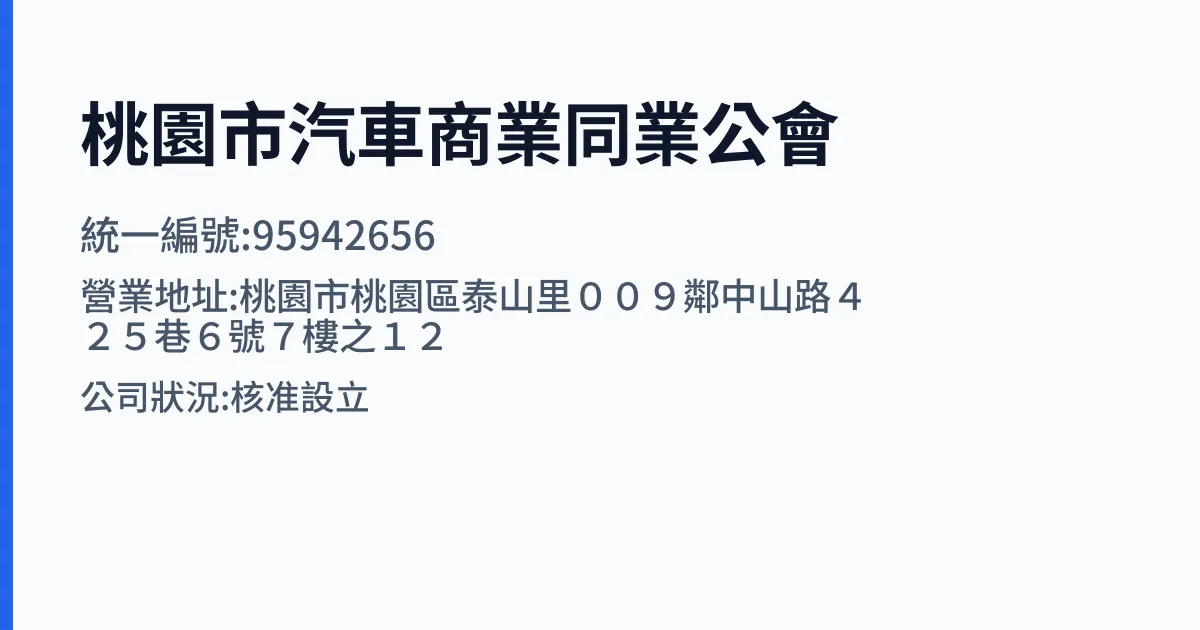 桃園市汽車商業同業公會 - 統編 95942656(桃園市) 公司登記資料與營業項目詳細圖表