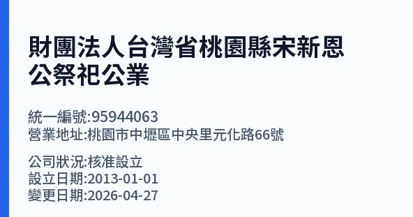 財團法人台灣省桃園縣宋新恩公祭祀公業的照片-統編 95944063(桃園市) 公司登記資料與營業項目詳細圖表
