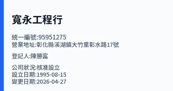 寬永工程行的照片-統編 95951275(彰化縣) 公司登記資料與營業項目詳細圖表