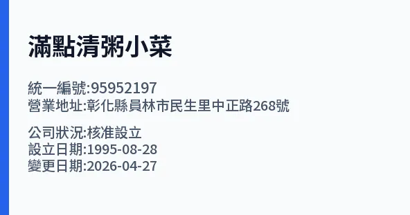 滿點清粥小菜的照片-統編 95952197(彰化縣) 公司登記資料與營業項目詳細圖表
