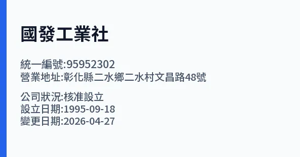 國發工業社的照片-統編 95952302(彰化縣) 公司登記資料與營業項目詳細圖表