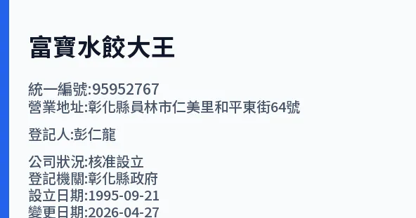 富寶水餃大王的照片-統編 95952767(彰化縣) 公司登記資料與營業項目詳細圖表