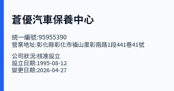 蒼優汽車保養中心的照片-統編 95955390(彰化縣) 公司登記資料與營業項目詳細圖表