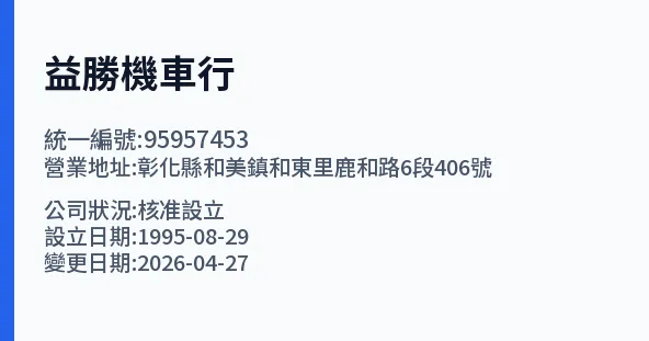 益勝機車行的照片-統編 95957453(彰化縣) 公司登記資料與營業項目詳細圖表