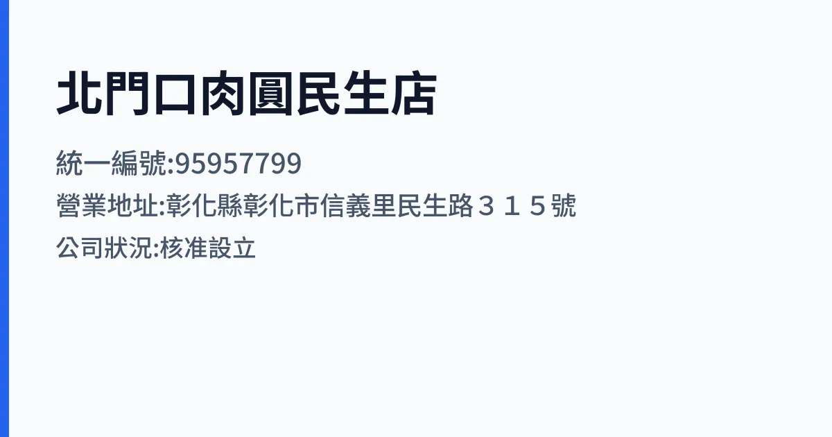 北門口肉圓民生店 - 統編 95957799(彰化縣) 公司登記資料與營業項目詳細圖表