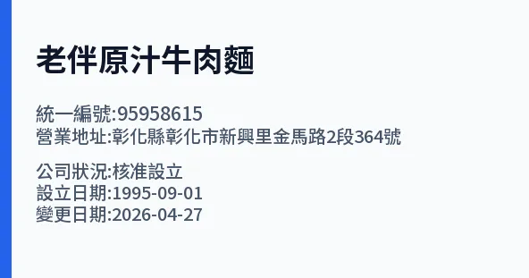 老伴原汁牛肉麵的照片-統編 95958615(彰化縣) 公司登記資料與營業項目詳細圖表