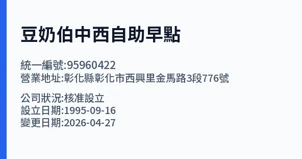 豆奶伯中西自助早點的照片-統編 95960422(彰化縣) 公司登記資料與營業項目詳細圖表
