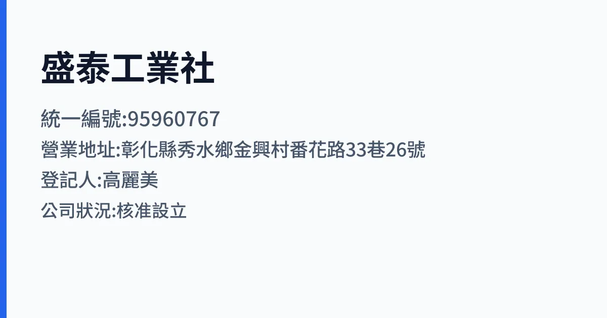 盛泰工業社 - 統編 95960767(彰化縣) 公司登記資料與營業項目詳細圖表