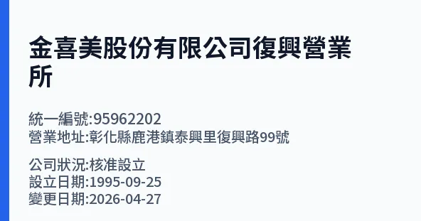 金喜美股份有限公司復興營業所的照片-統編 95962202(彰化縣) 公司登記資料與營業項目詳細圖表
