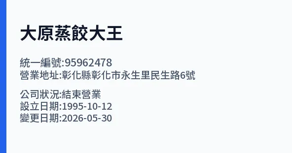 大原蒸餃大王的照片-統編 95962478(彰化縣) 公司登記資料與營業項目詳細圖表